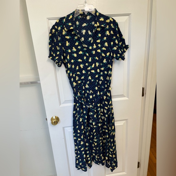 Talbots | Dresses | Talbots Blue And Yellow Lemon Tie Front Midi ...